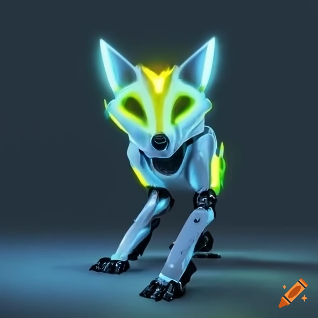 Robotic fox with glowing yellow eyes and metallic body on Craiyon