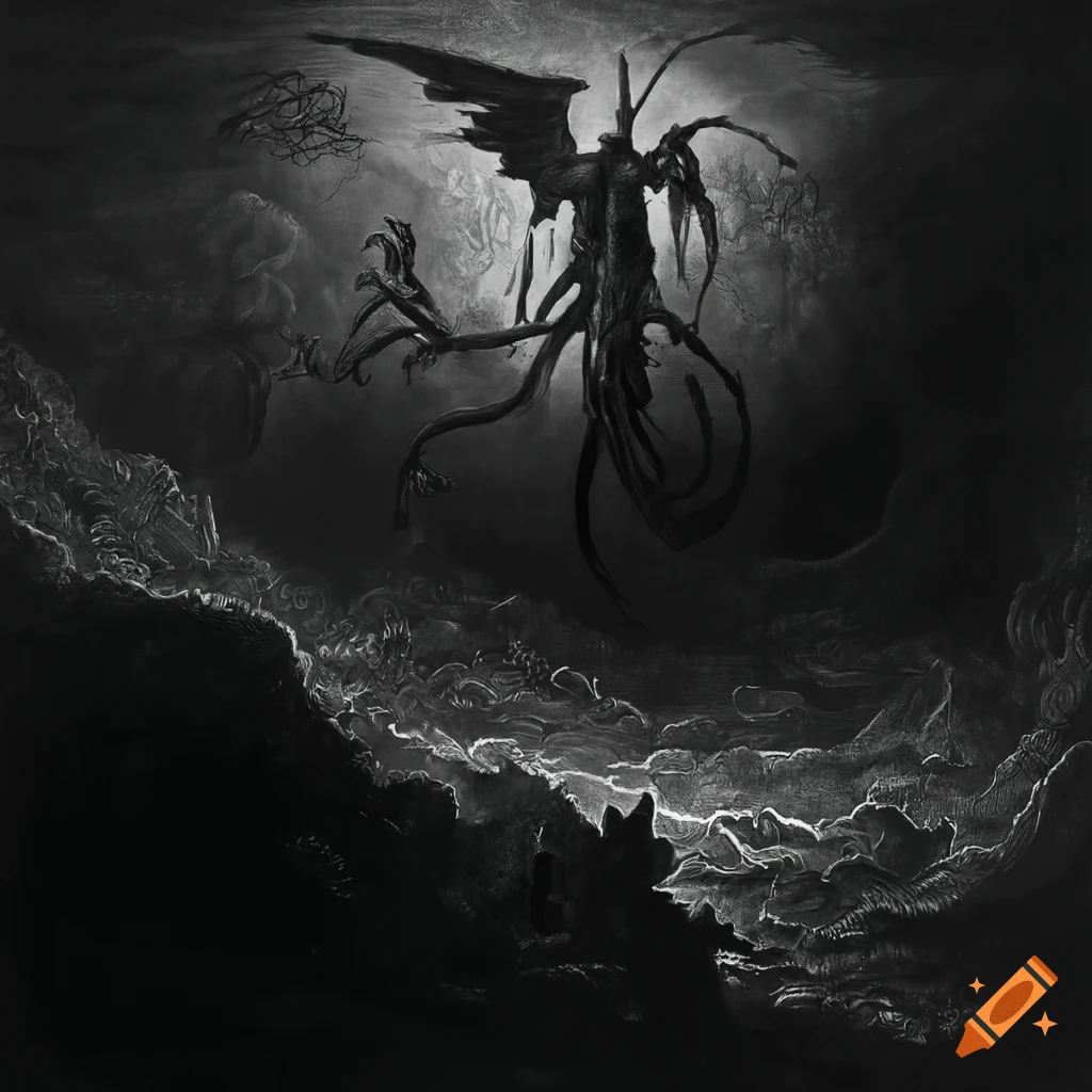 Illustration of a flying dragon demon by Gustave Doré on Craiyon