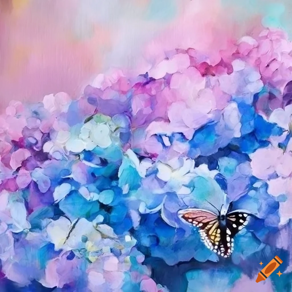 Pastel painting of a beautiful garden with hydrangeas and butterflies on Craiyon
