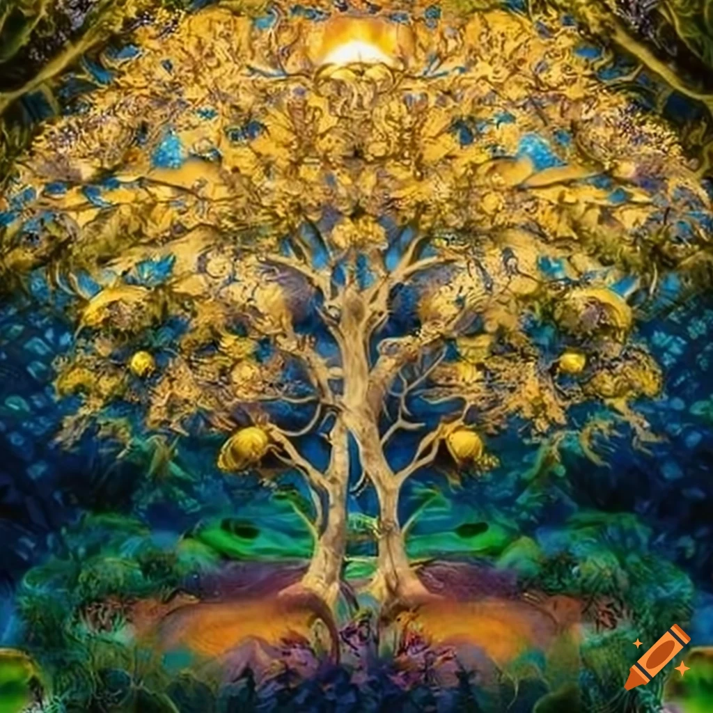 Image of a celestial tree with golden apples on Craiyon