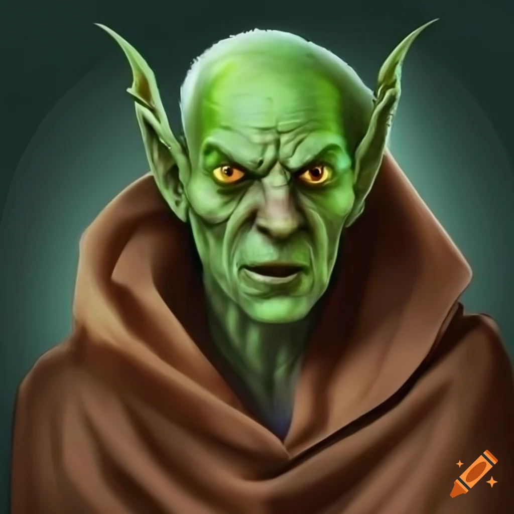 Photo of a male green goblin in a brown robe on Craiyon