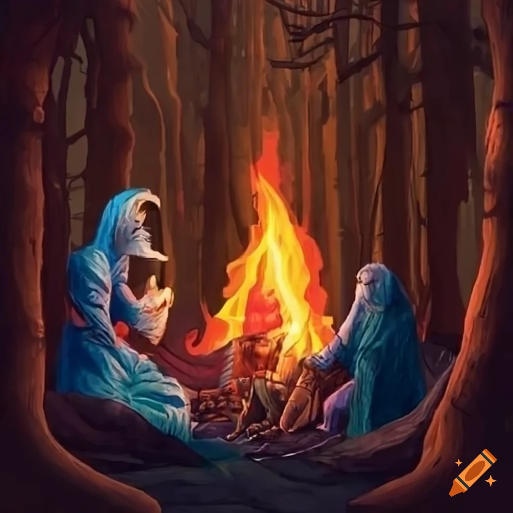 Eldery wizards sitting by a fire in a forest at night on Craiyon