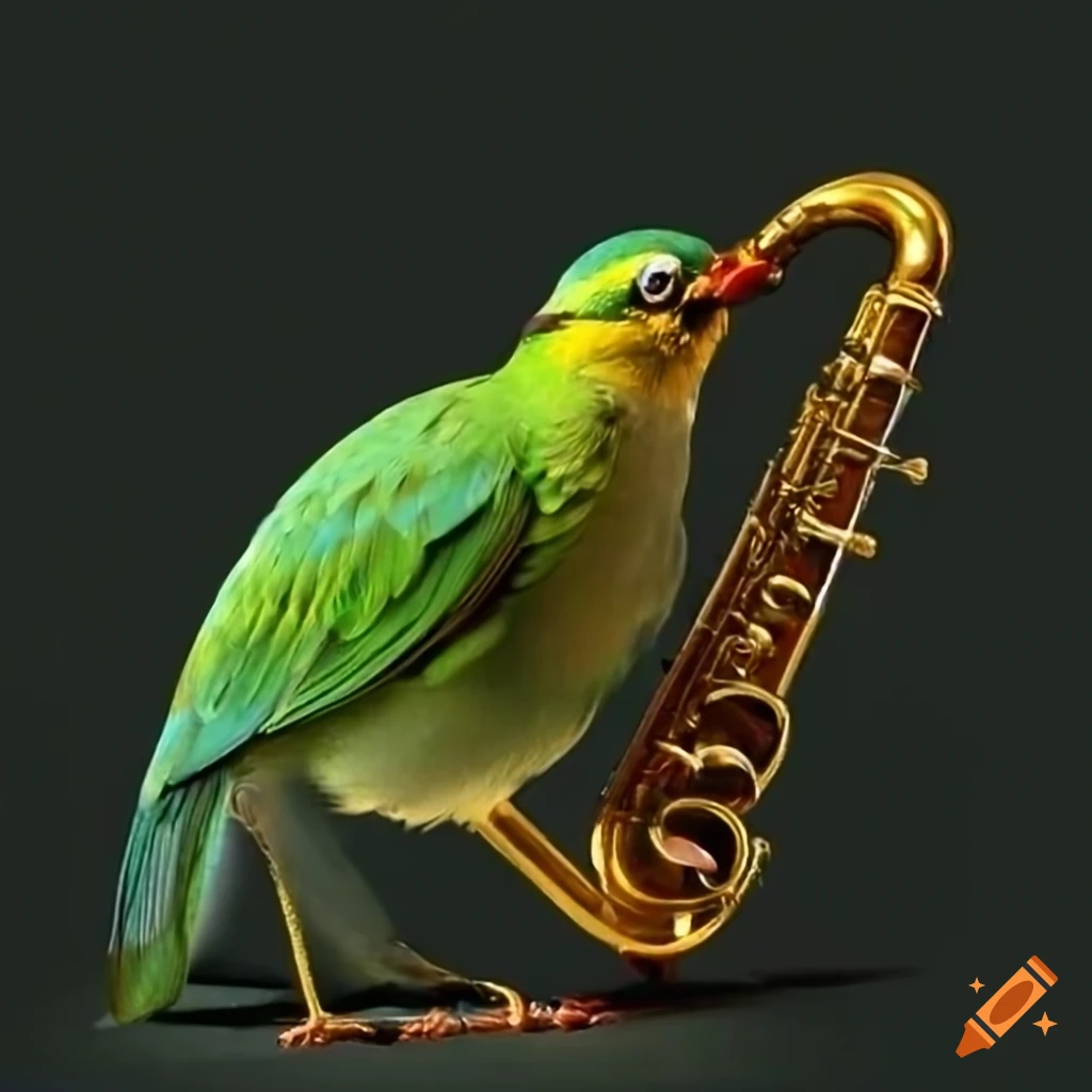 Green bird playing the saxophone on Craiyon