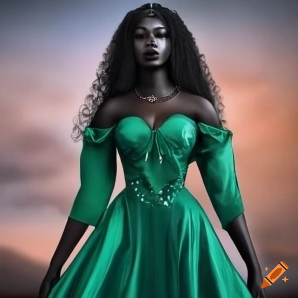 Image of a beautiful dark-skinned princess in a green dress on Craiyon