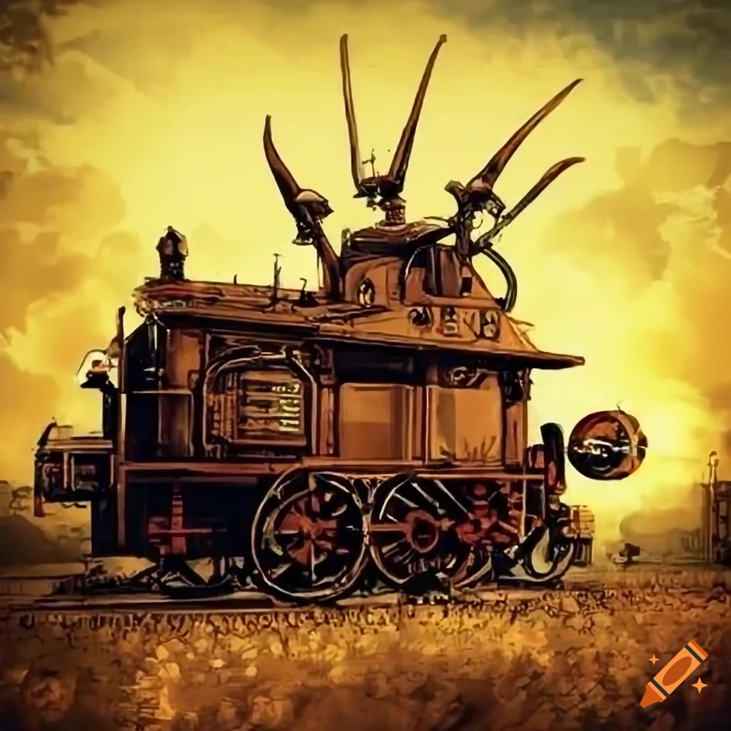 Steampunk robotic locomotive in the countryside
