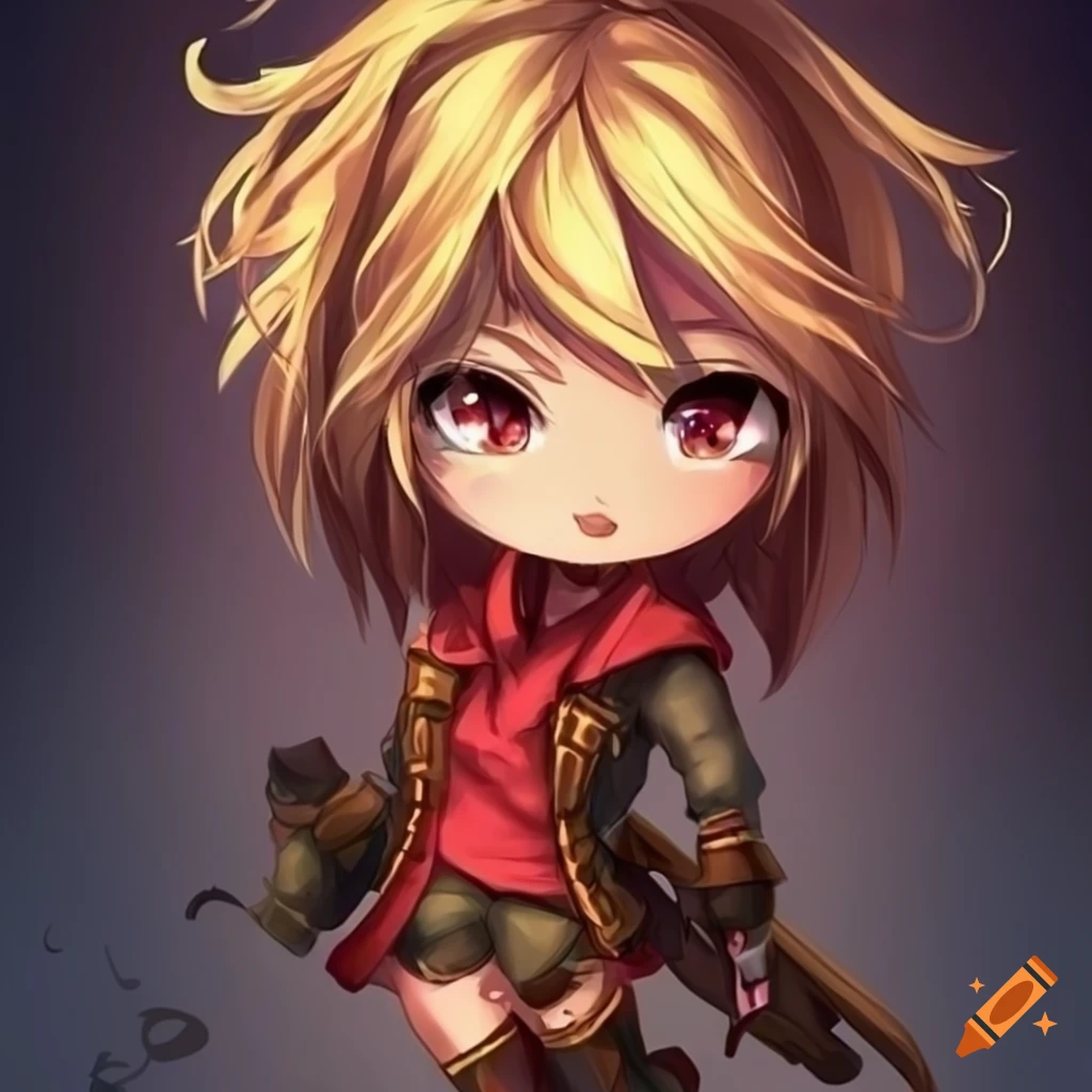 Chibi anime girl with blond hair and red shirt on Craiyon