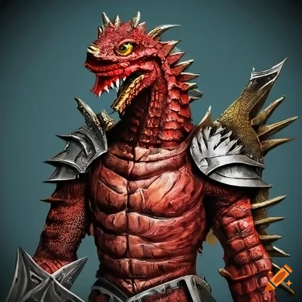 Image of a red lizardman warrior with shield and sword on Craiyon
