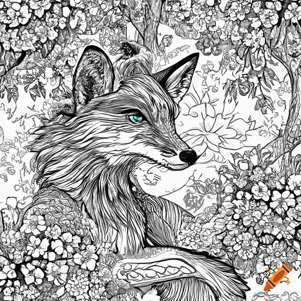 Black and white coloring page of a fantasy fox and tree on Craiyon