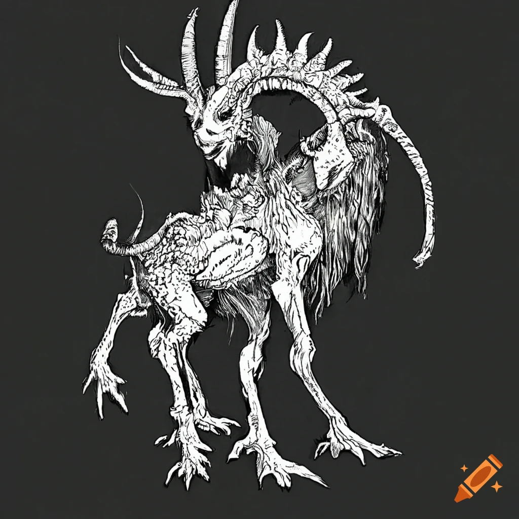 Detailed ink drawing of an eldritch goat on Craiyon