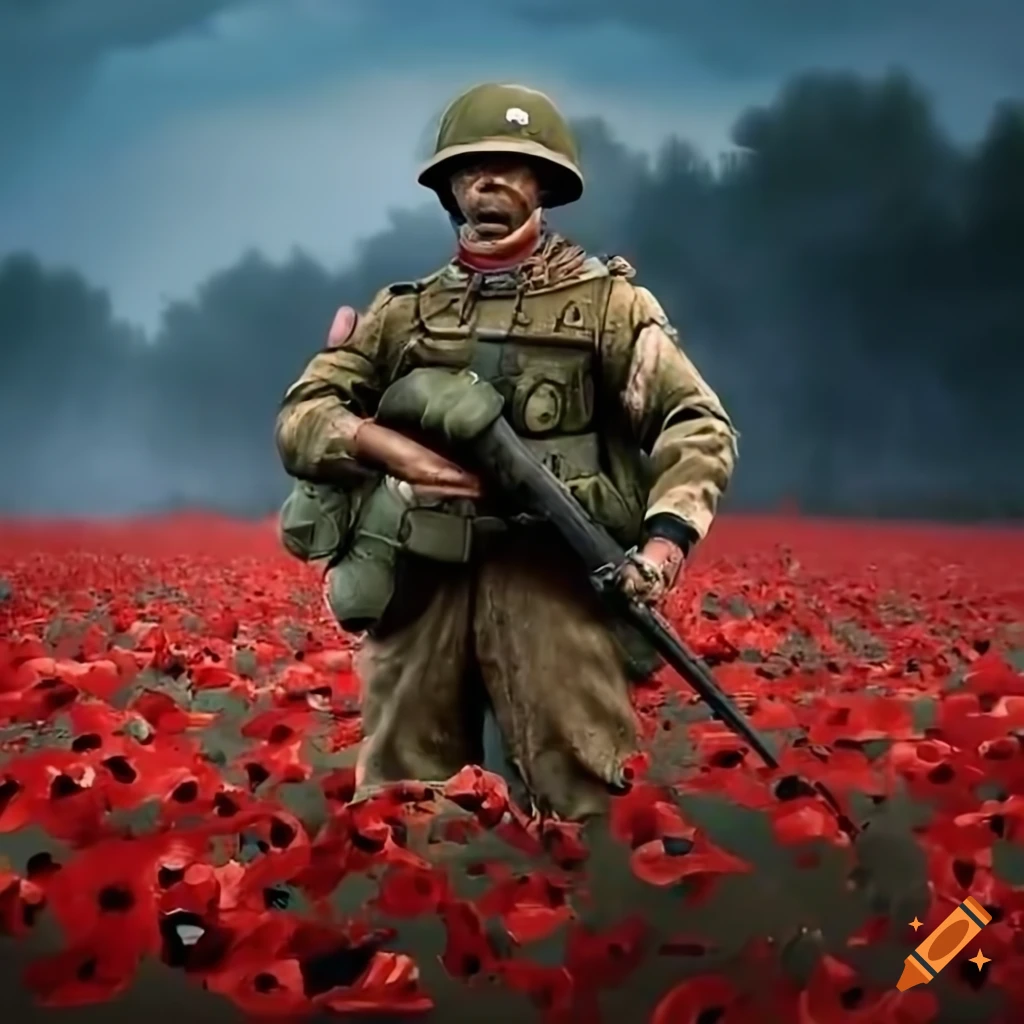 Photo realistic image of British soldiers and red poppies on Craiyon