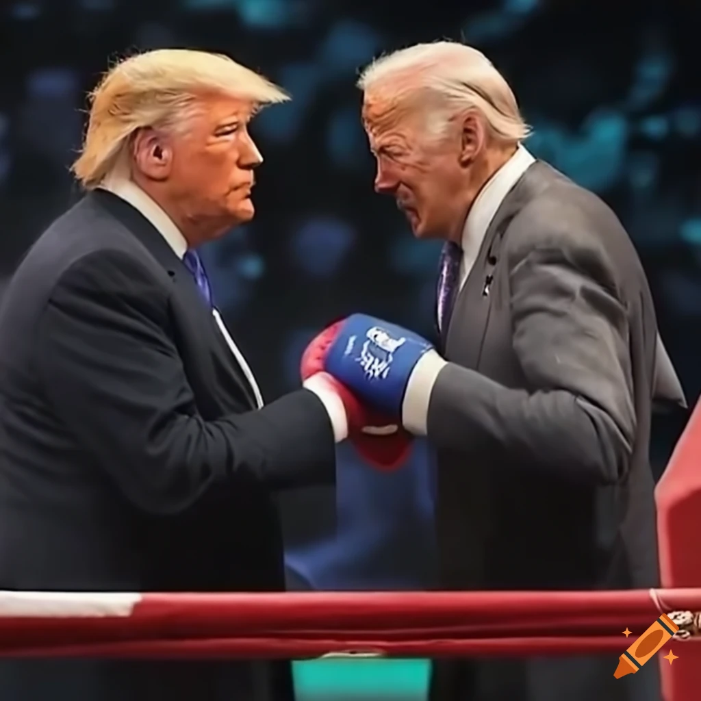 Satirical image of Trump and Biden in a boxing match on Craiyon
