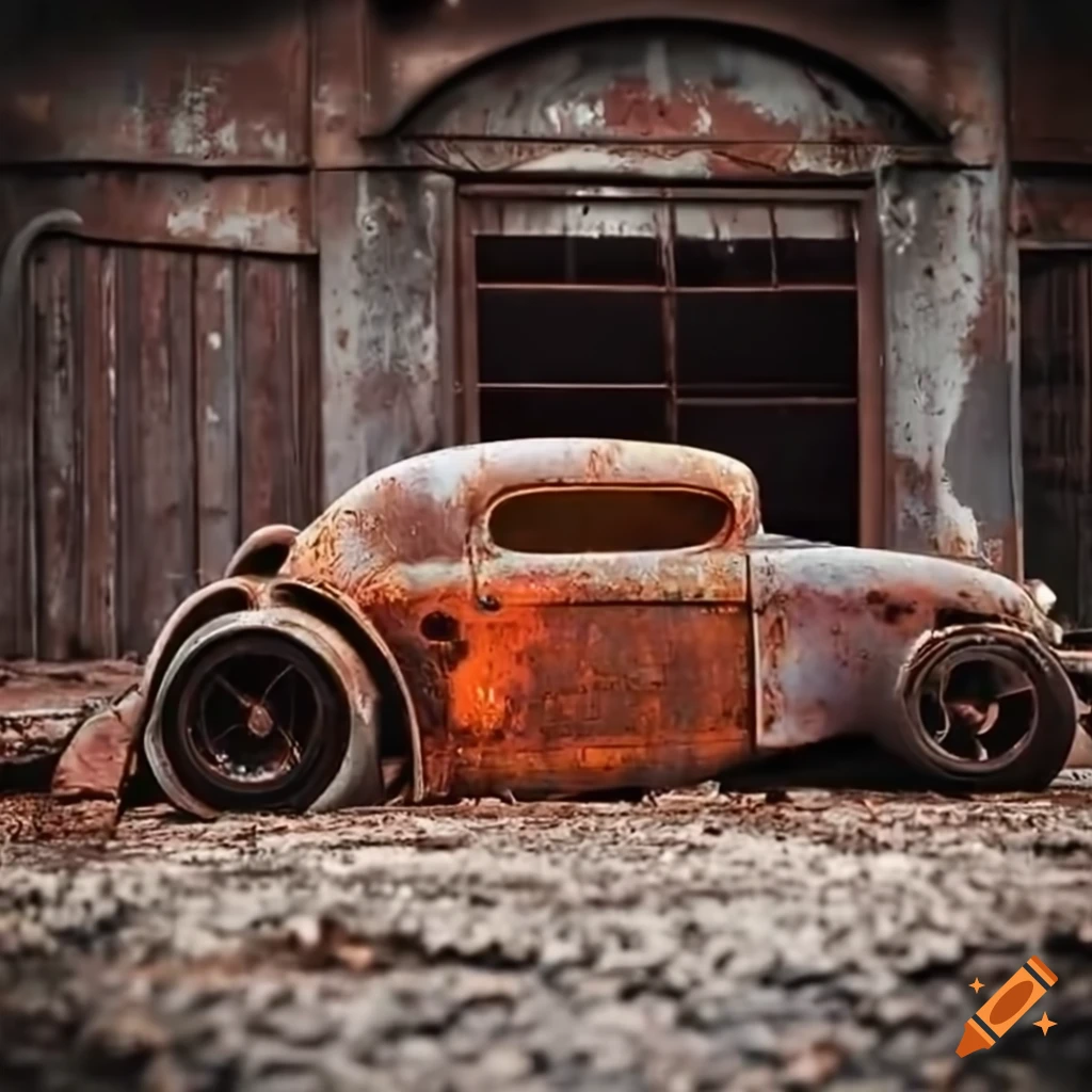 Rusty hot-rod car with flames in front of a garage on Craiyon