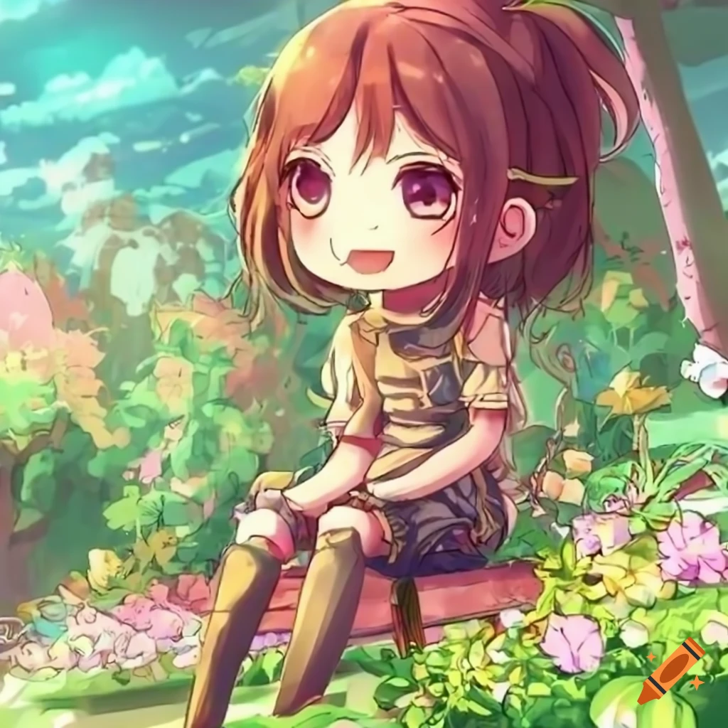 Anime chibi characters in a garden on Craiyon
