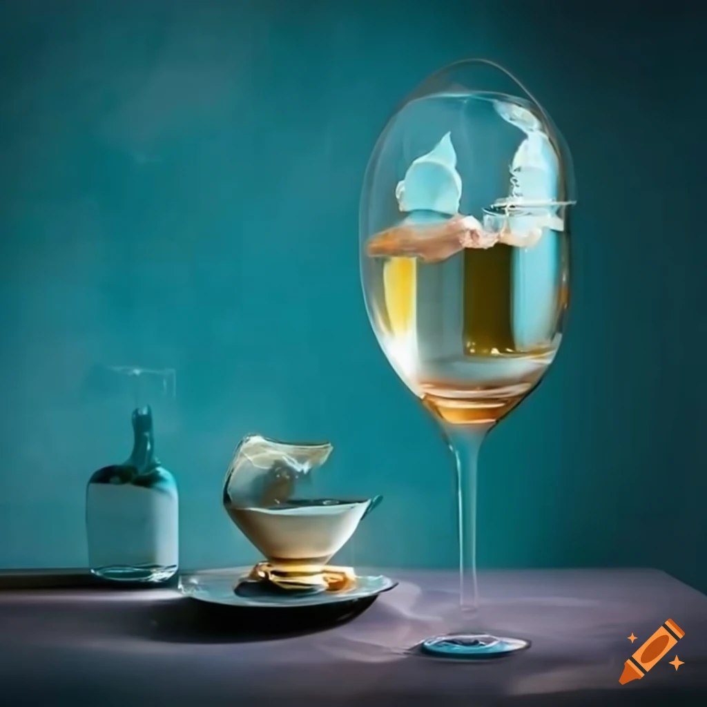 Surrealist pastries on a table with glasses and complex wine glasses on ...