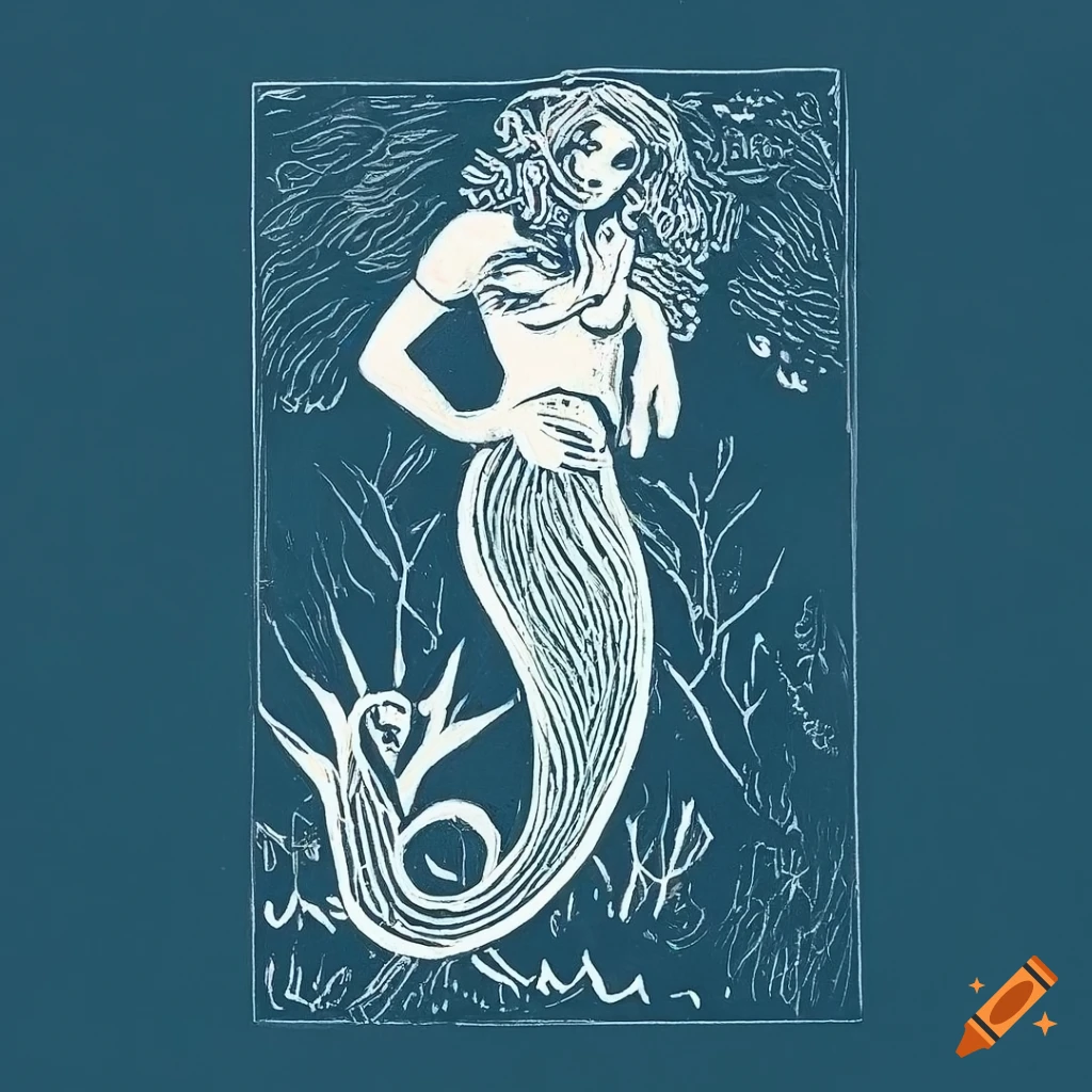 Linocut print of a full body mermaid on Craiyon