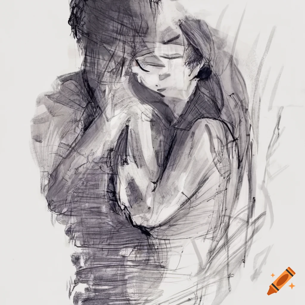 Monochrome sketch of a couple intertwined in an abstract style on Craiyon