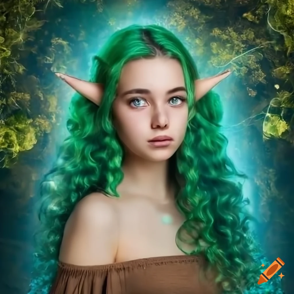 Portrait of a young woman with green skin in an enchanted forest on Craiyon