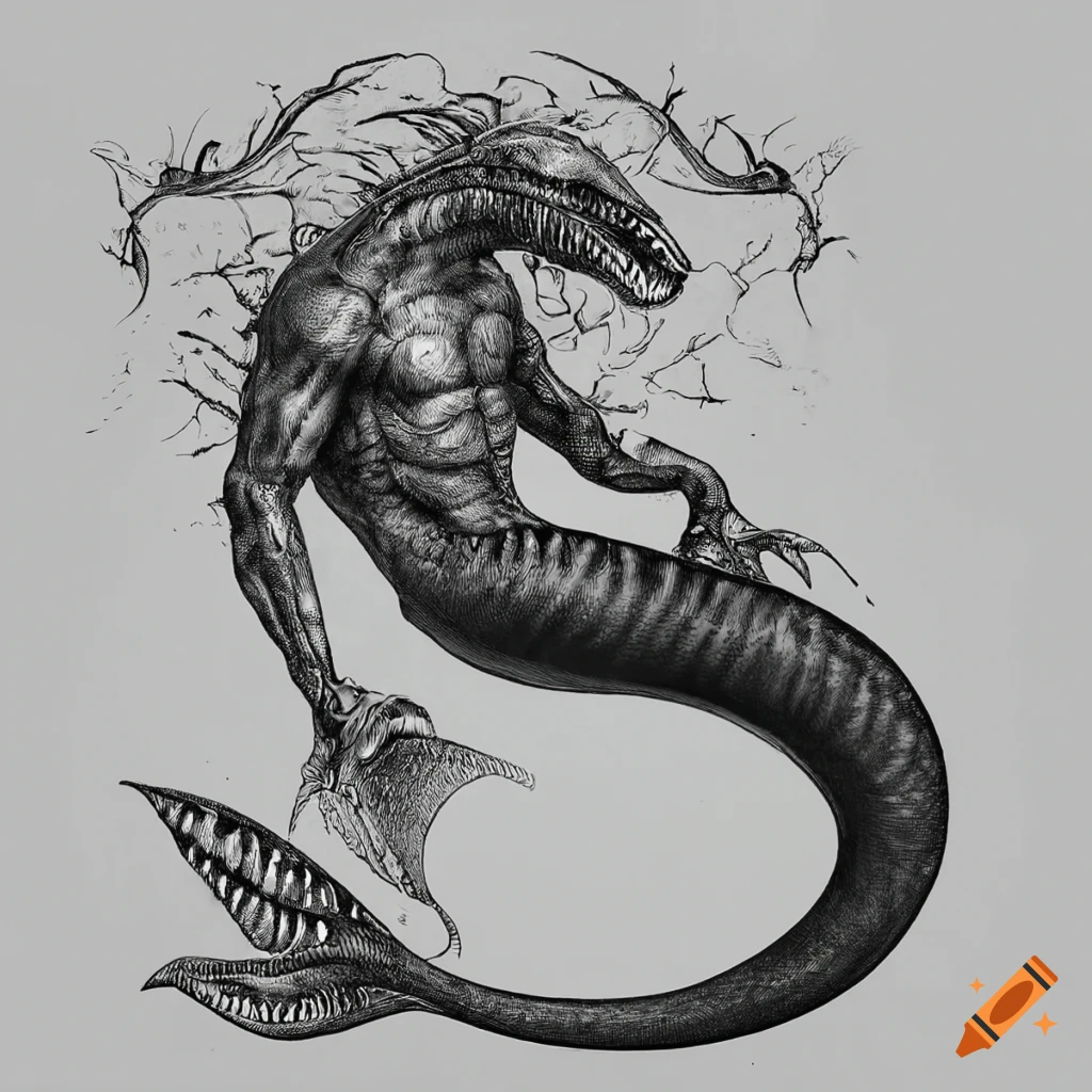 Etching of a detailed merman monster in deep sea on Craiyon