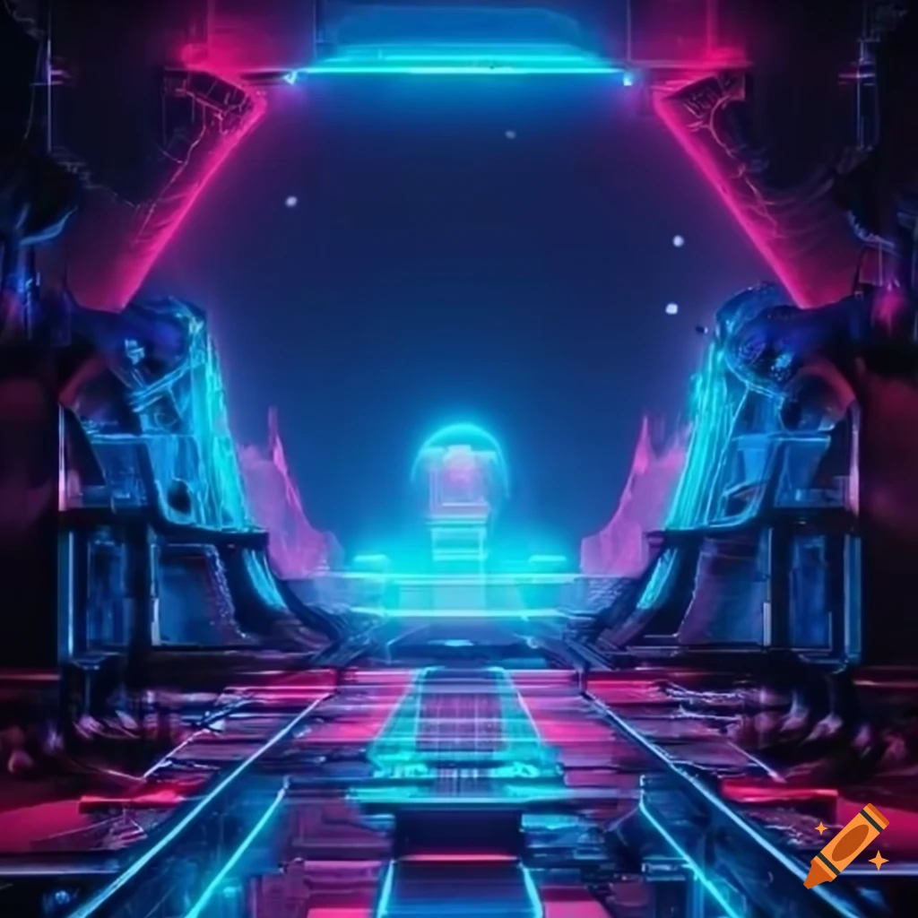 Stunning sci-fi screen with neon lights on Craiyon