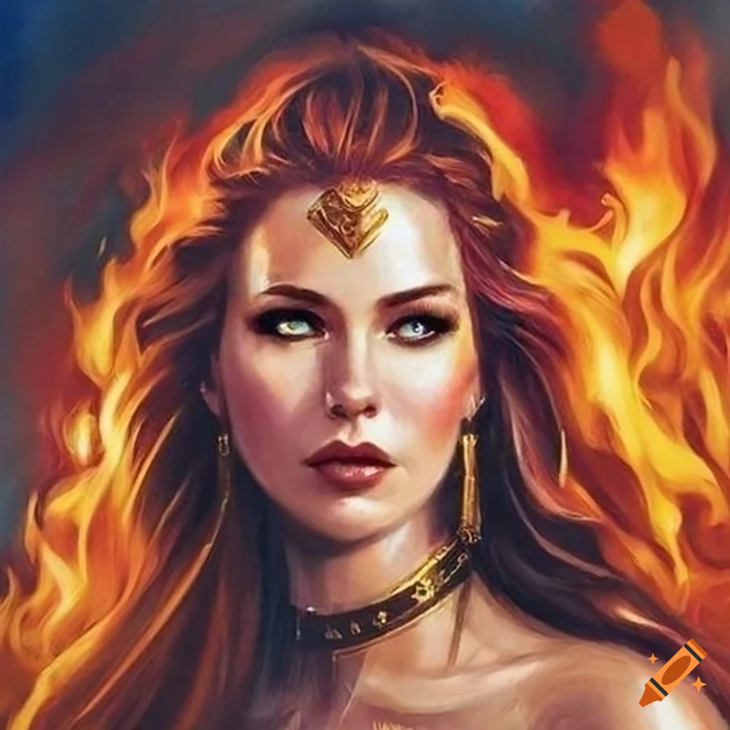 Close-up of a woman in a fiery dress on Craiyon