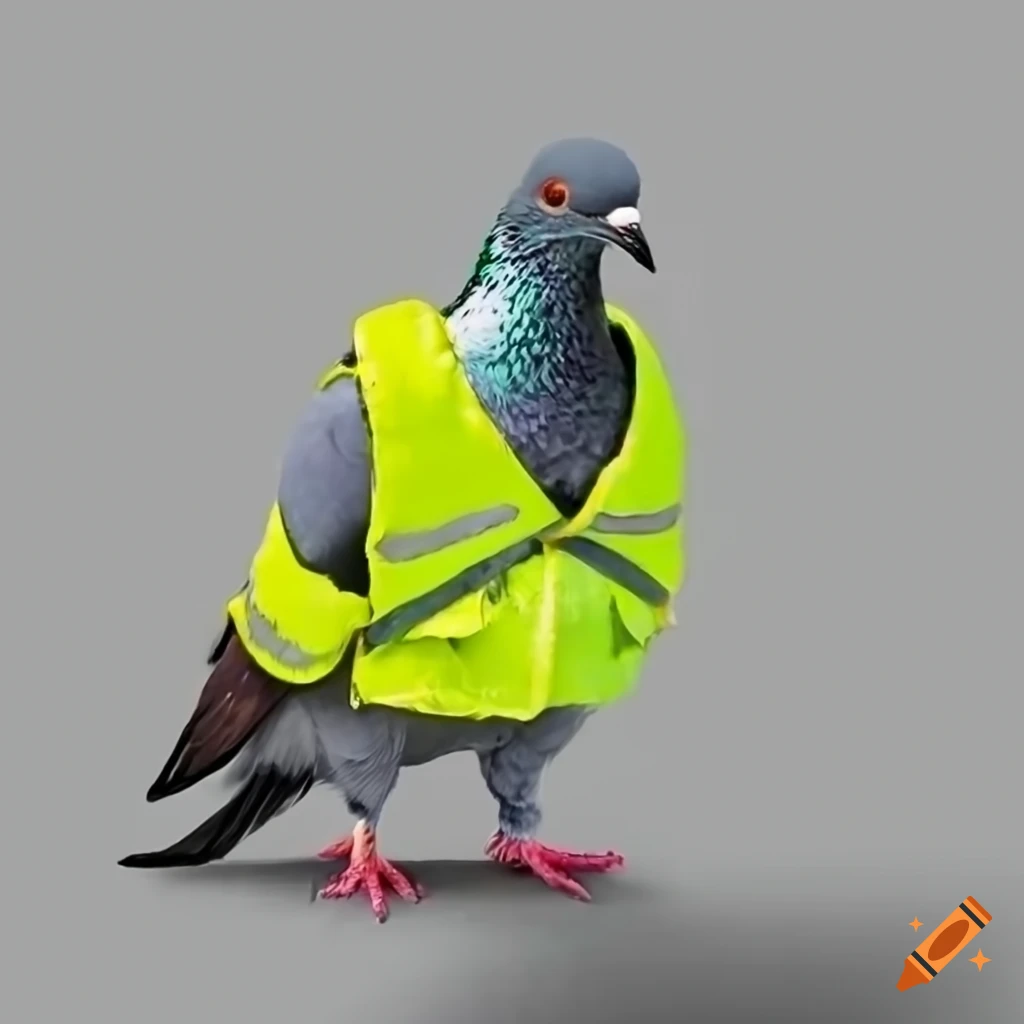 Pigeon wearing a yellow hi-viz vest on Craiyon