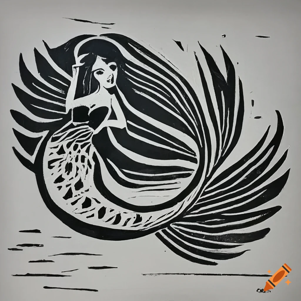 Black and white linocut of a mermaid on Craiyon