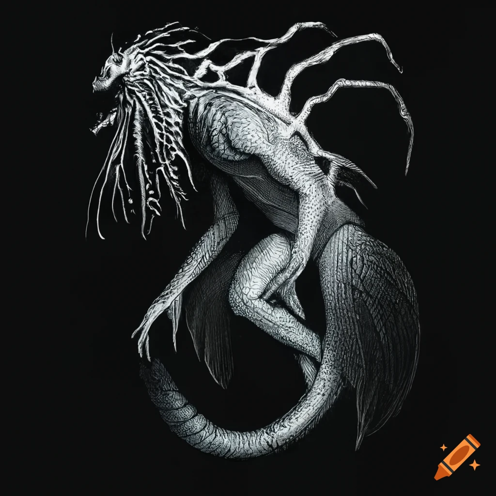 Detailed etching of a merman seadragon on Craiyon