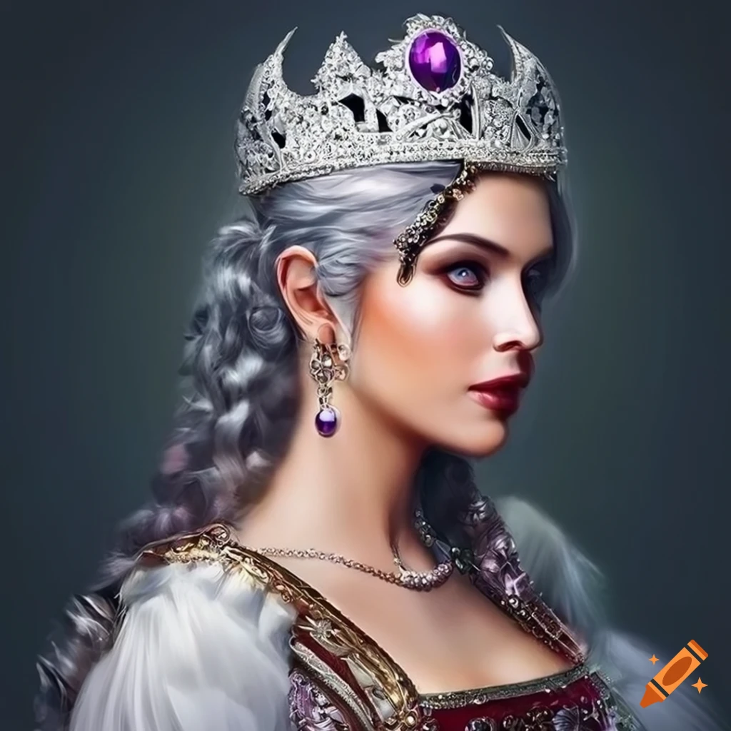 Portrait of a striking lady with silver-white hair and purple eyes on ...