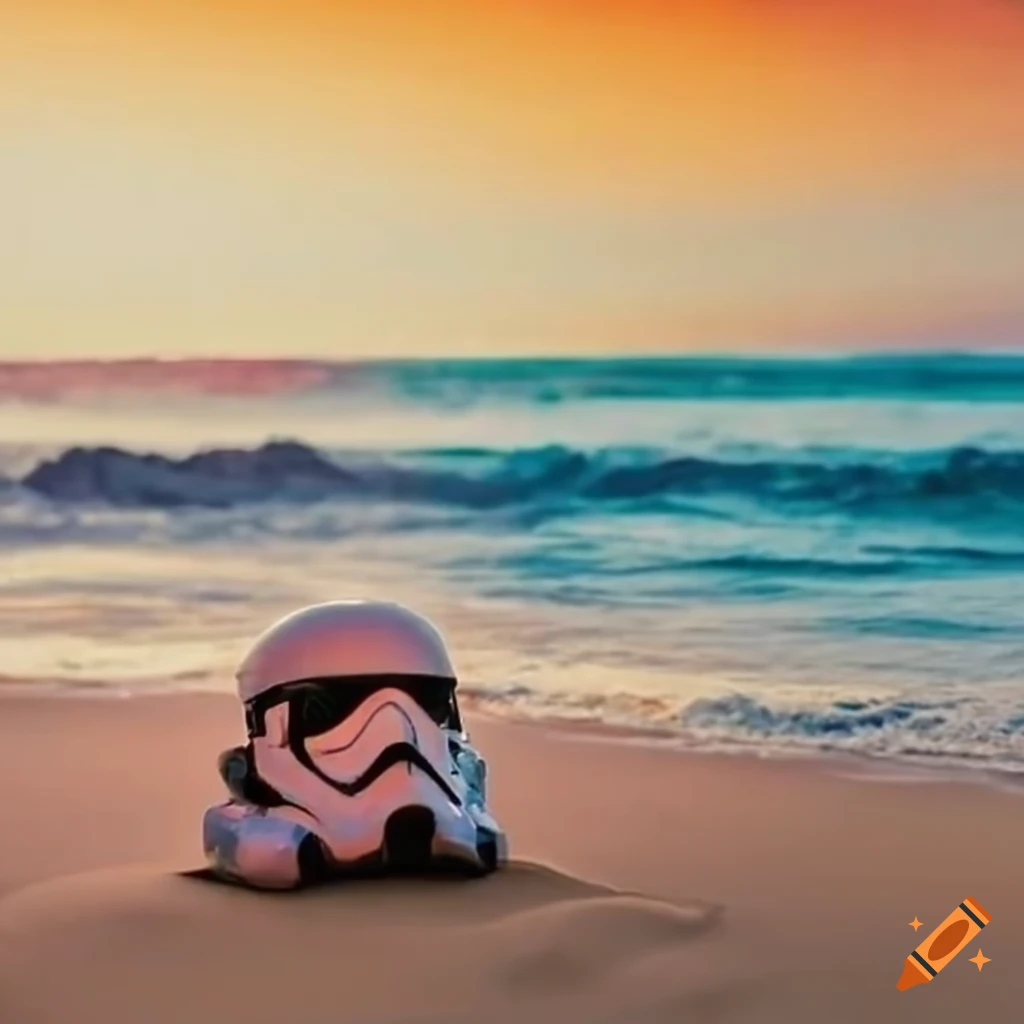 Stormtrooper helmet half-buried in the sand on a beach on Craiyon