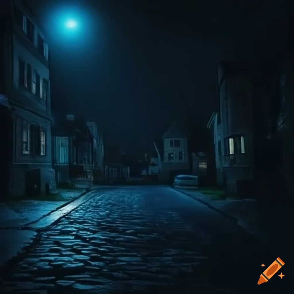 Nighttime view of a creepy neighborhood on Craiyon