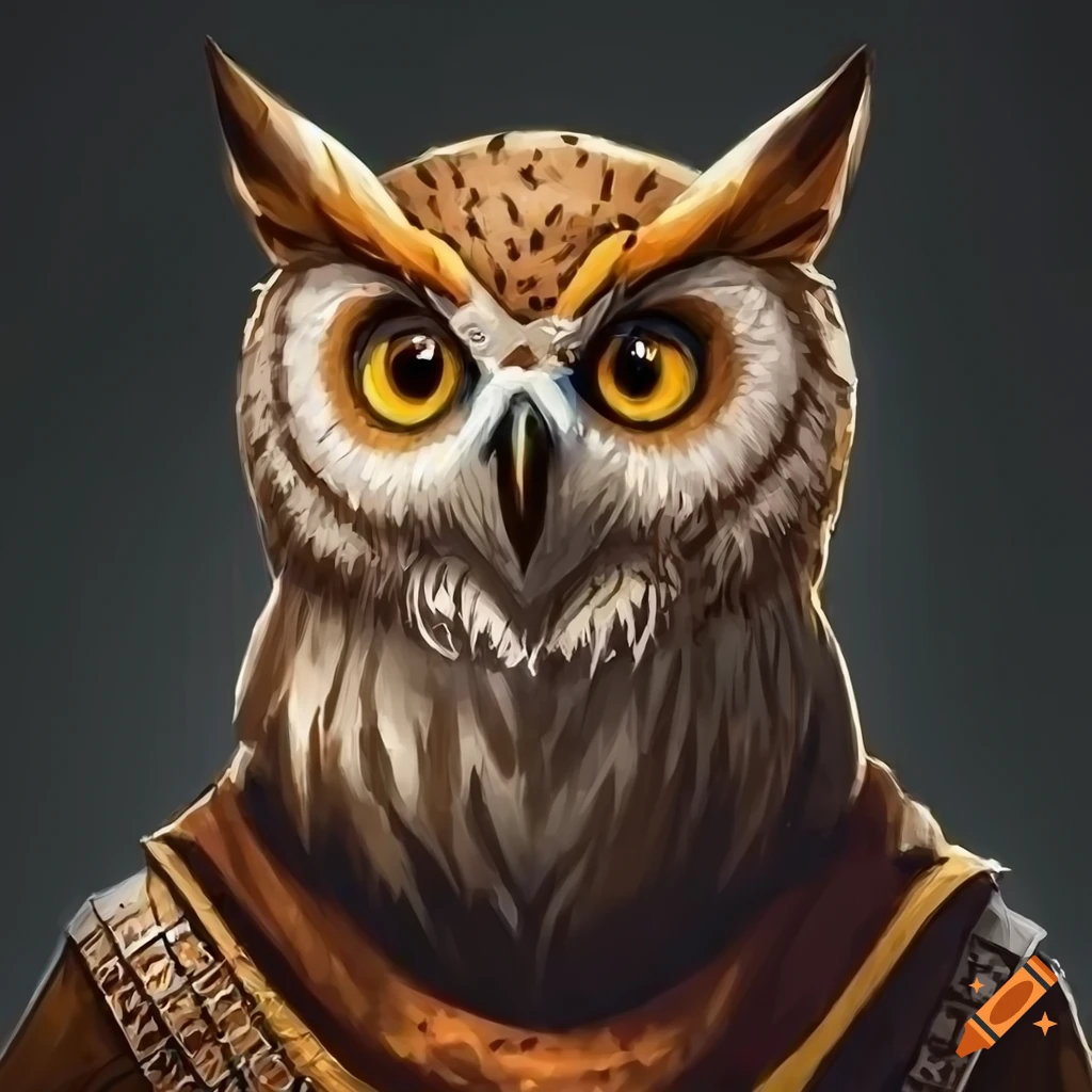 Detailed illustration of a human-owl hybrid character on Craiyon