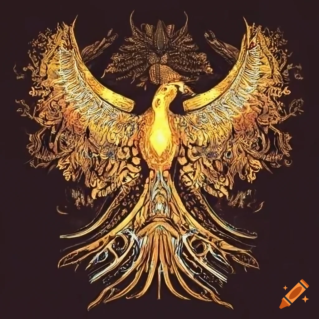 Etching of a golden phoenix with intricate details on Craiyon