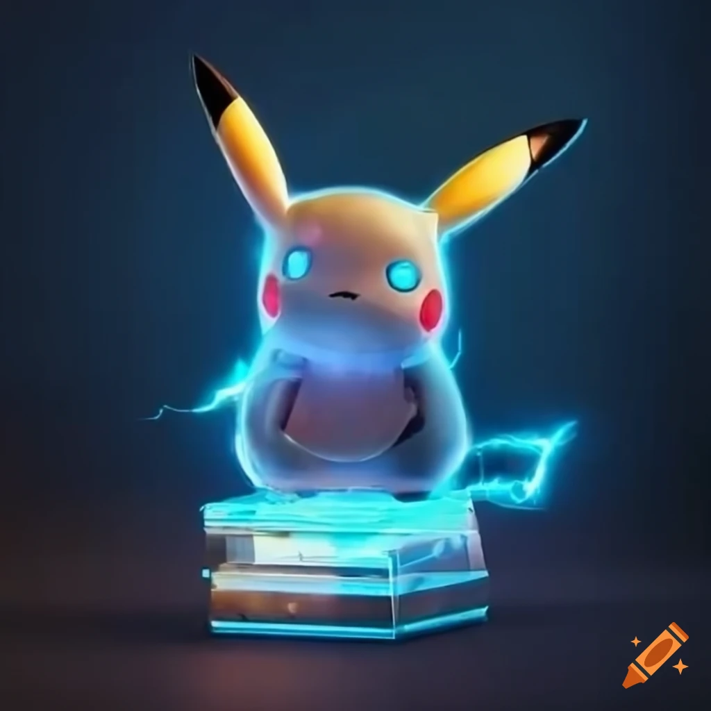 Futuristic Pikachu in a factory powering a machine with lightning on ...