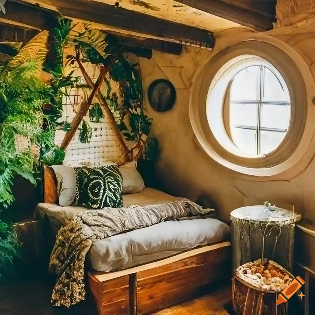 Cozy hobbit bedroom with plants and warm light on Craiyon