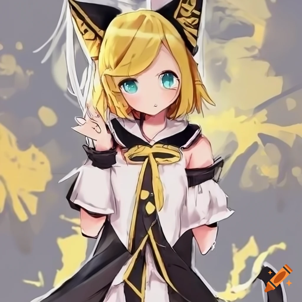 Cosplay of Rin Kagamine in a cute medieval dress with cat ears on Craiyon