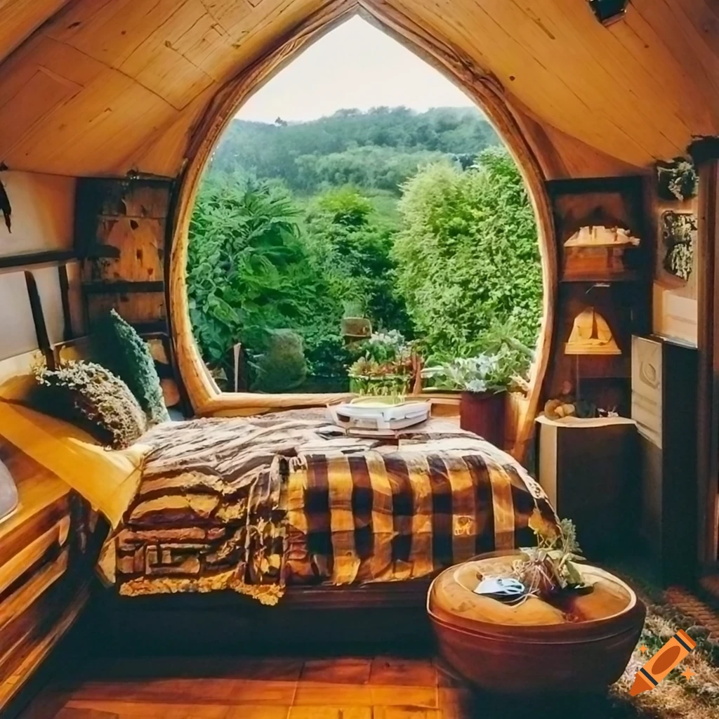 Cozy hobbit bedroom with plants and warm lighting on Craiyon