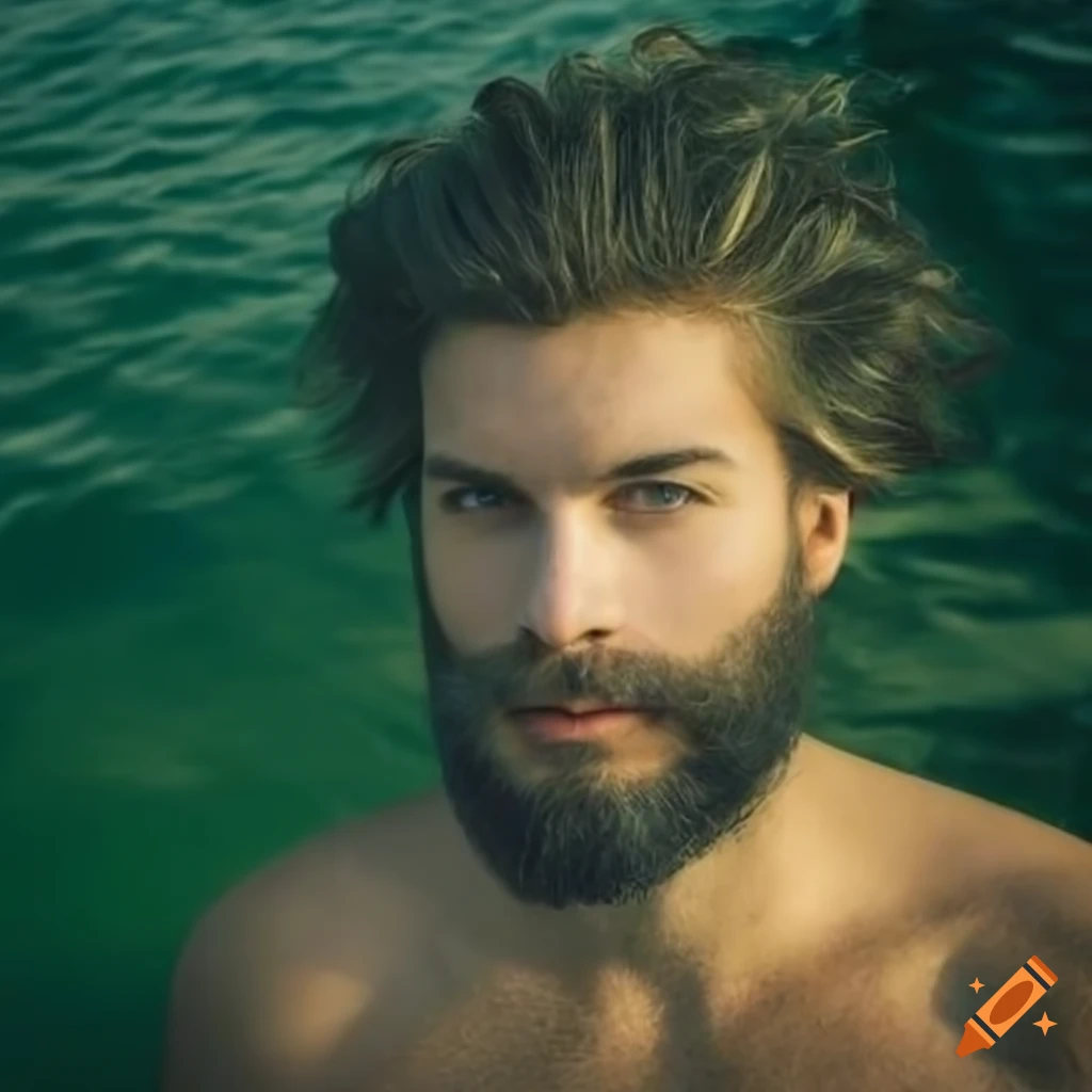 Photo of a bearded merman in a green landscape on Craiyon