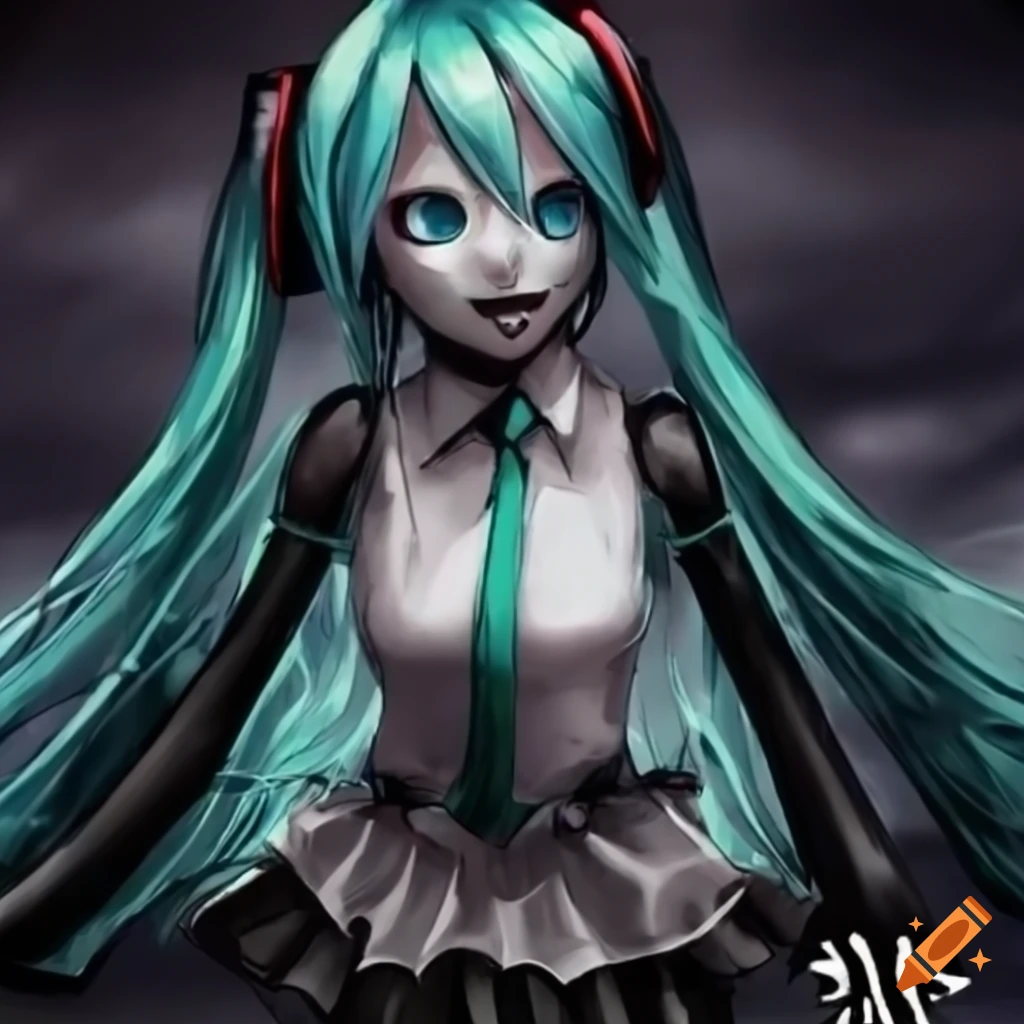 Dark and creepy image of Hatsune Miku on Craiyon