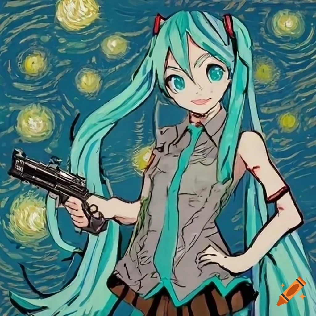 Artistic depiction of Hatsune Miku with a gun on Craiyon