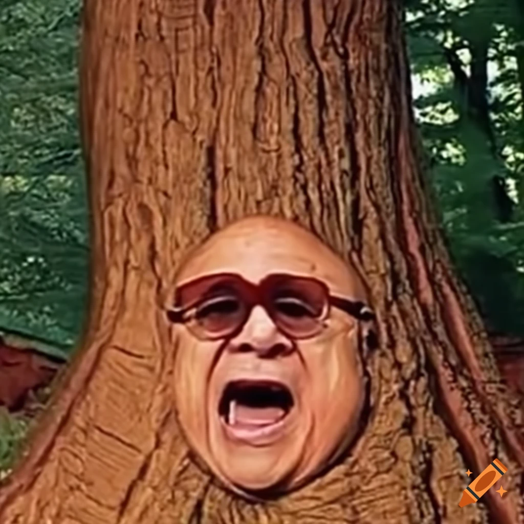 Comical image of Danny DeVito as a tree with large limbs on Craiyon