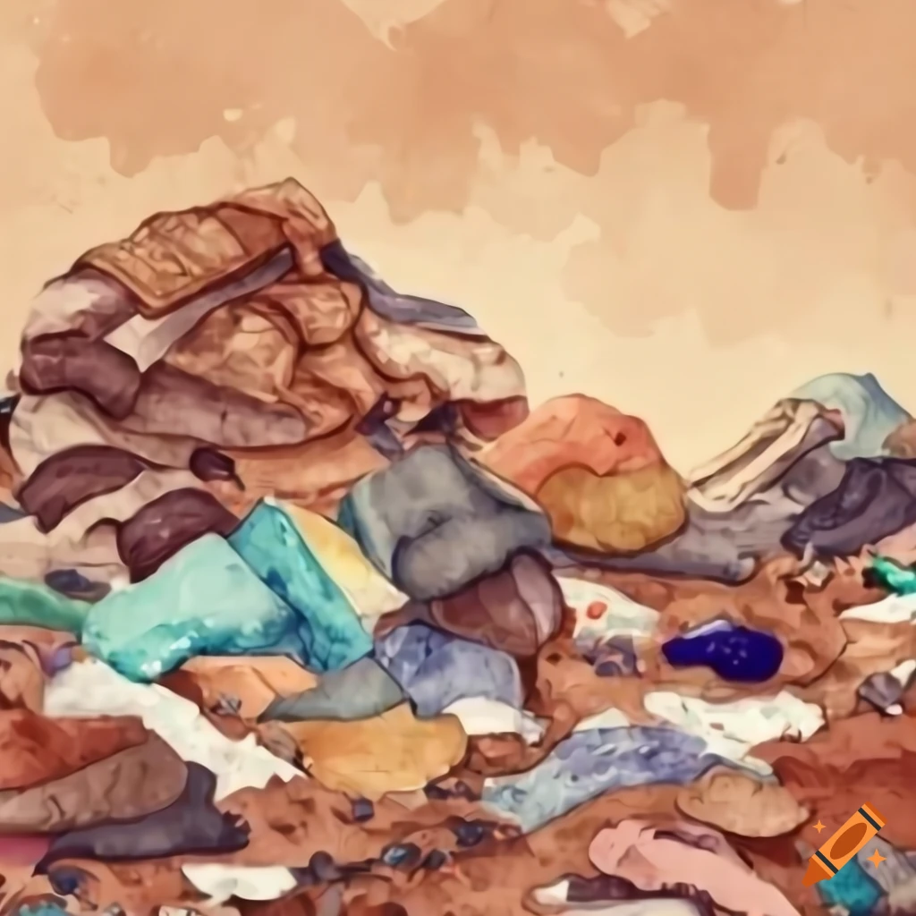 Vintage-style illustration of a clothing landfill on Craiyon