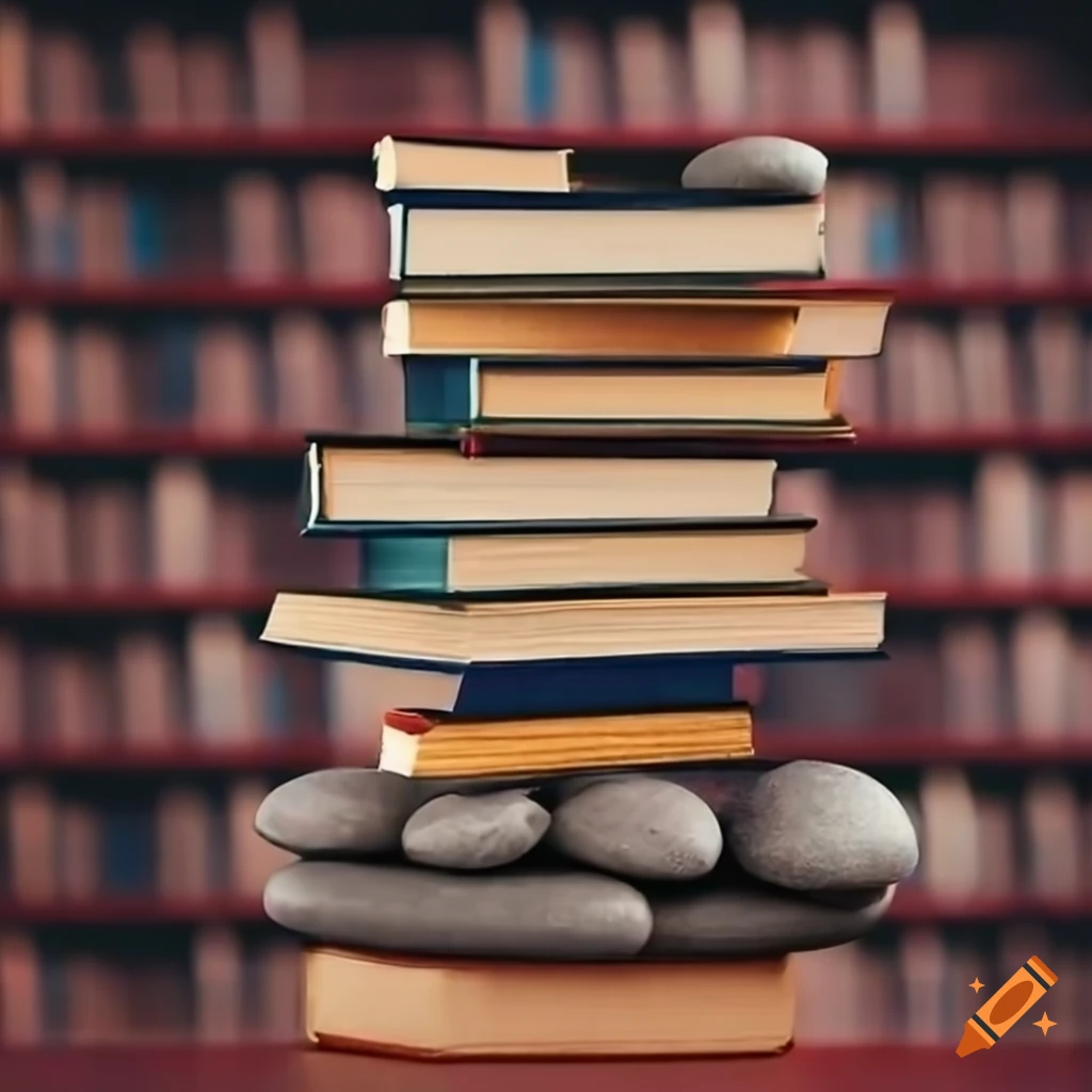 Photograph of stacked books on unbalanced stones on Craiyon