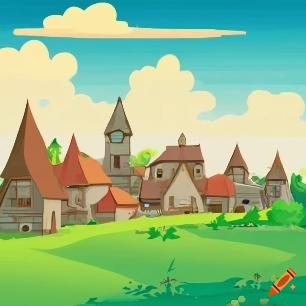 Cartoon village with medieval houses and trees on Craiyon