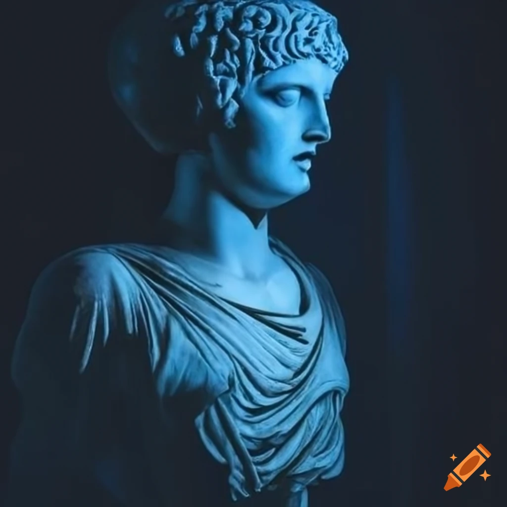 Photograph of ancient Roman statue in dark blue lighting on Craiyon