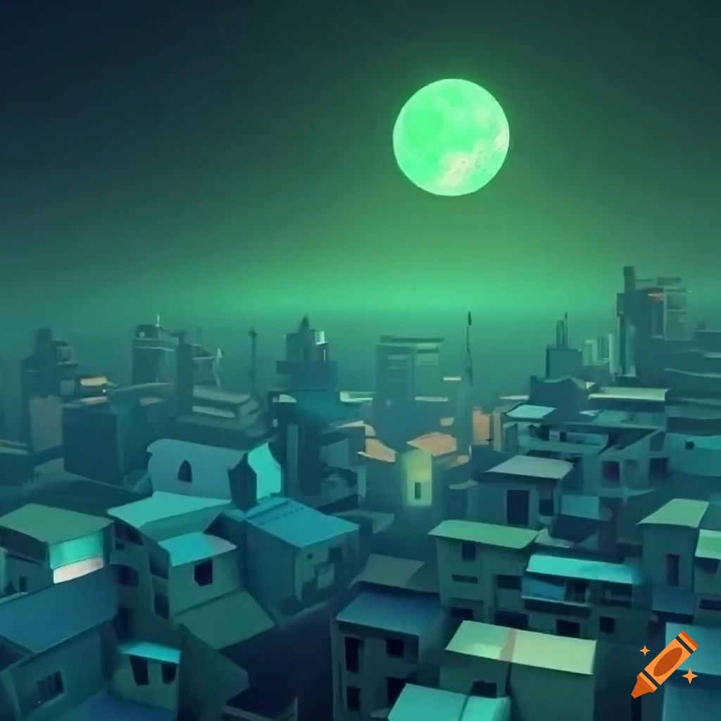 Futuristic city slums under a green moon on Craiyon