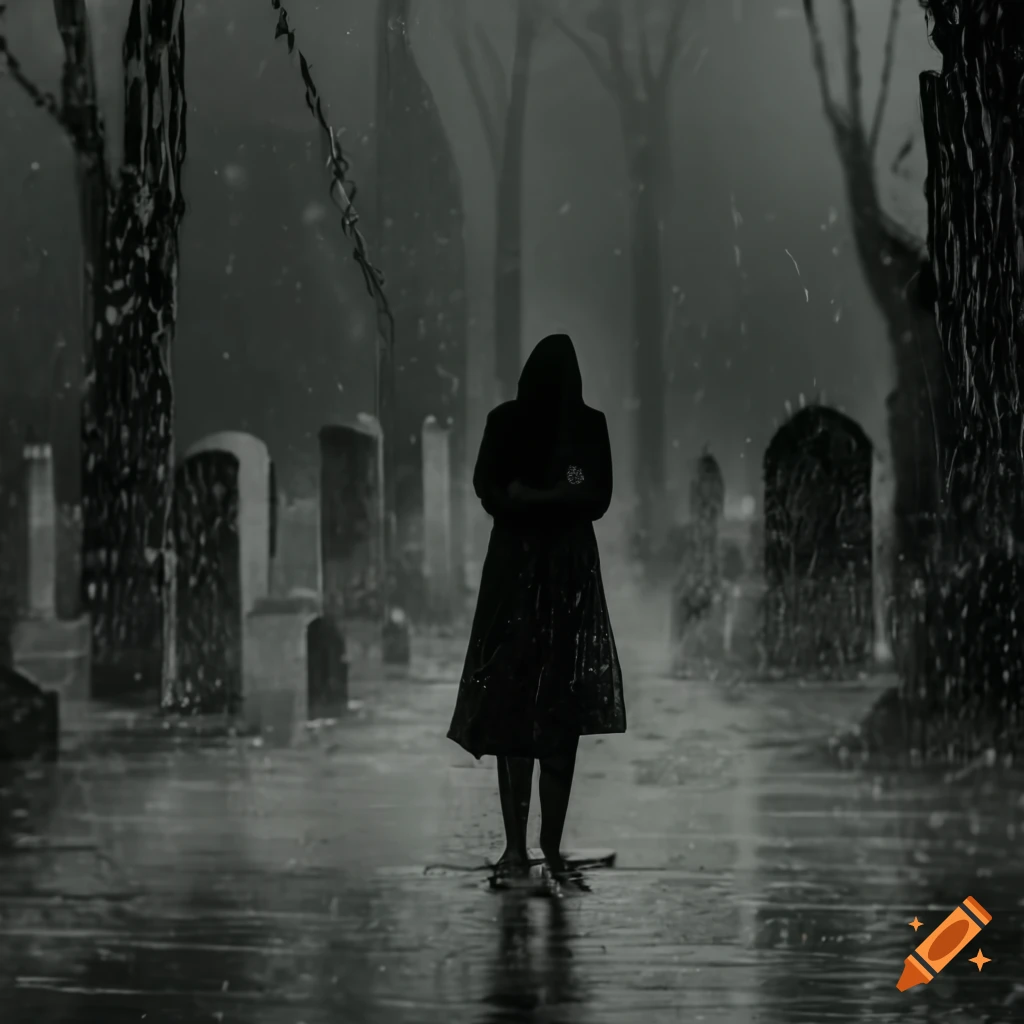 Woman standing alone in the rain at a cemetery on Craiyon