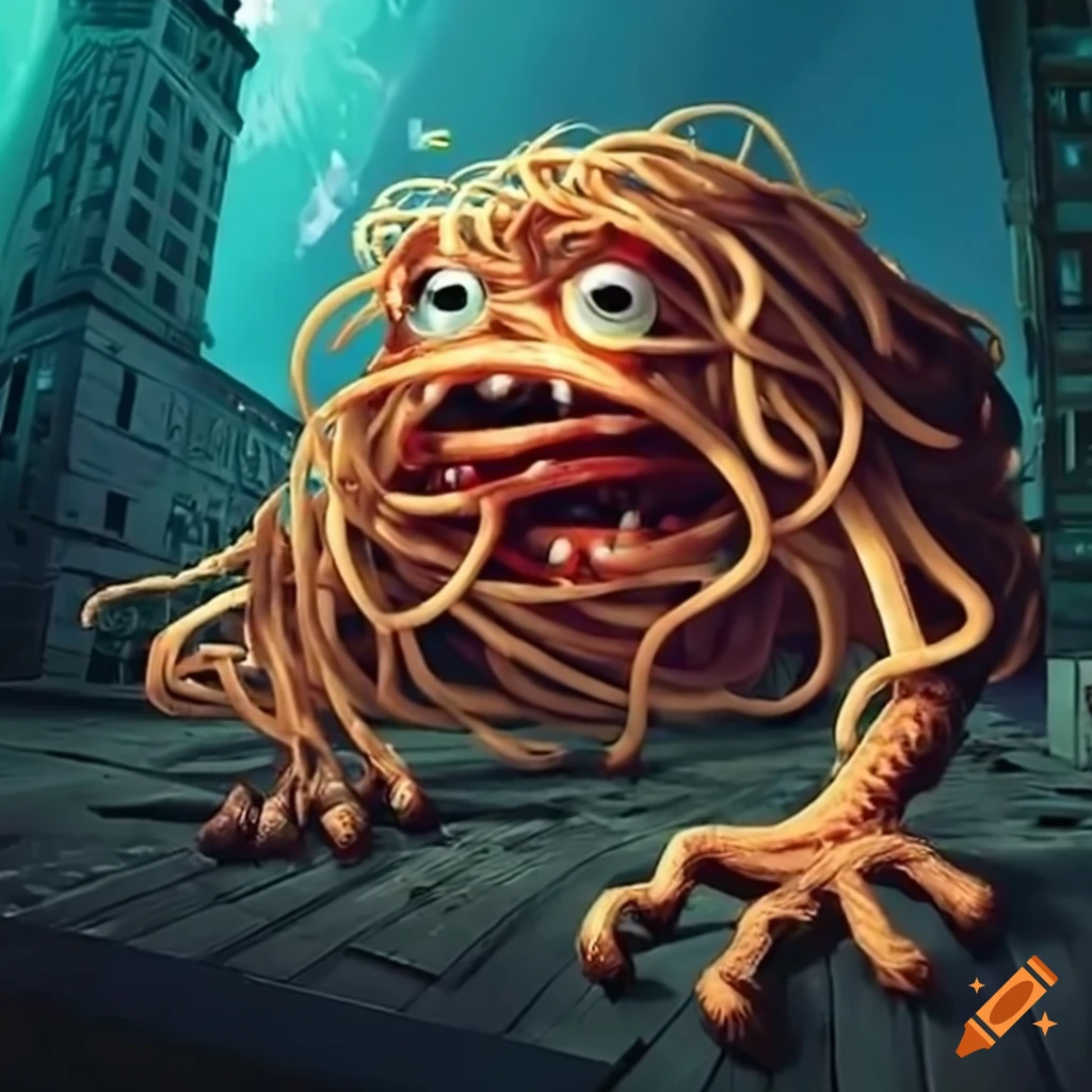 Illustration of a spaghetti monster causing chaos in a city on Craiyon