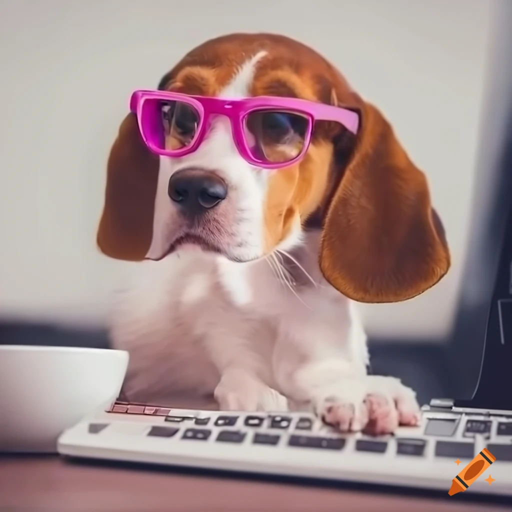 Funny beagle puppy in office with pink glasses on Craiyon