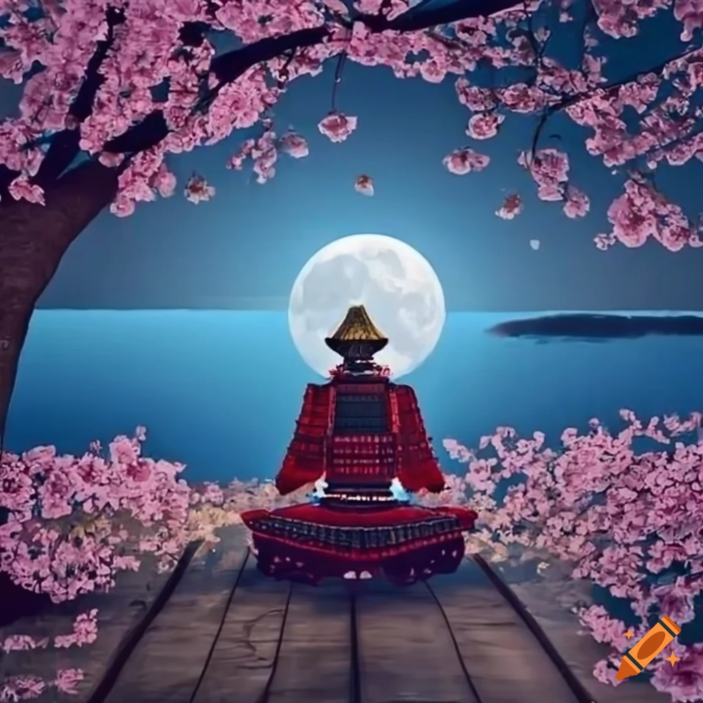 Samurai meditating under a cherry blossom tree by the sea on Craiyon