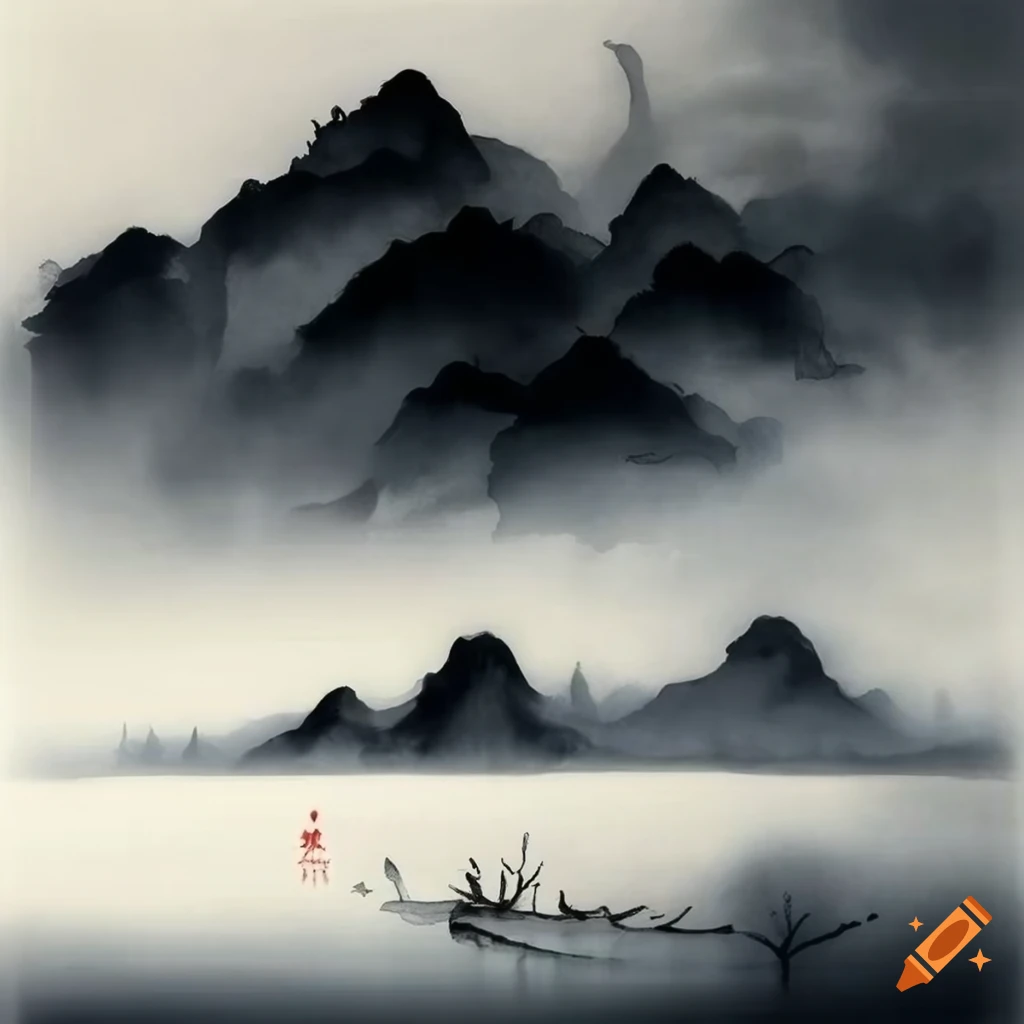 Monochrome Chinese ink painting of misty mountains and lake on Craiyon